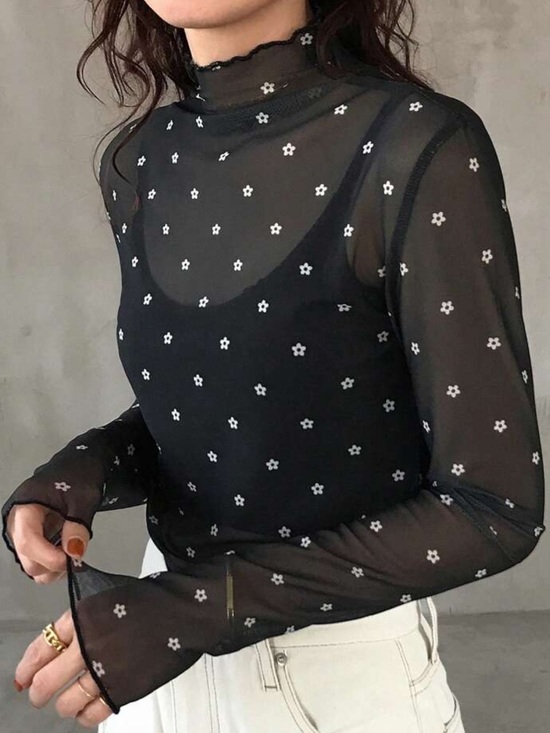 Dazy | Tops | Black Floral Dot Sheer Longsleeve Mesh Top | Poshmark